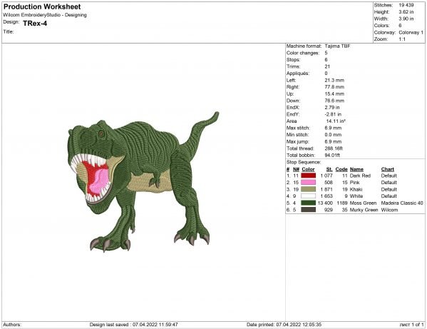 Dinosaur T-Rex Embroidery design files