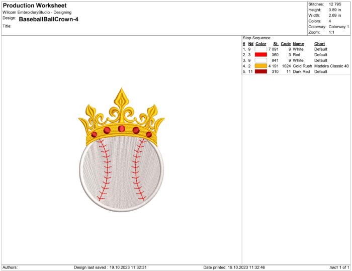 Crown on Baseball ball embroidery design files