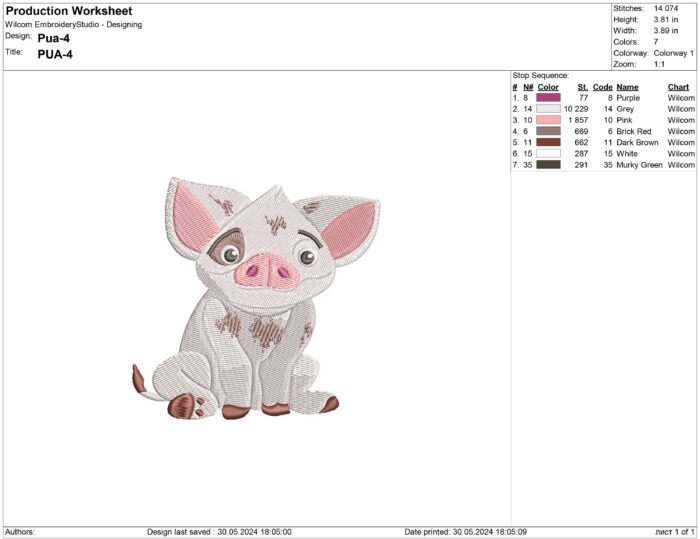 Moanas Pig Pua Embroidery design for Machine embroidery