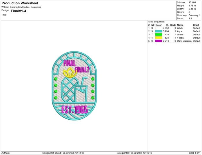 Final embroidery design files for machine embroidery