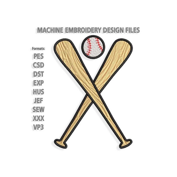 Crossed bats and baseball Embroidery design files