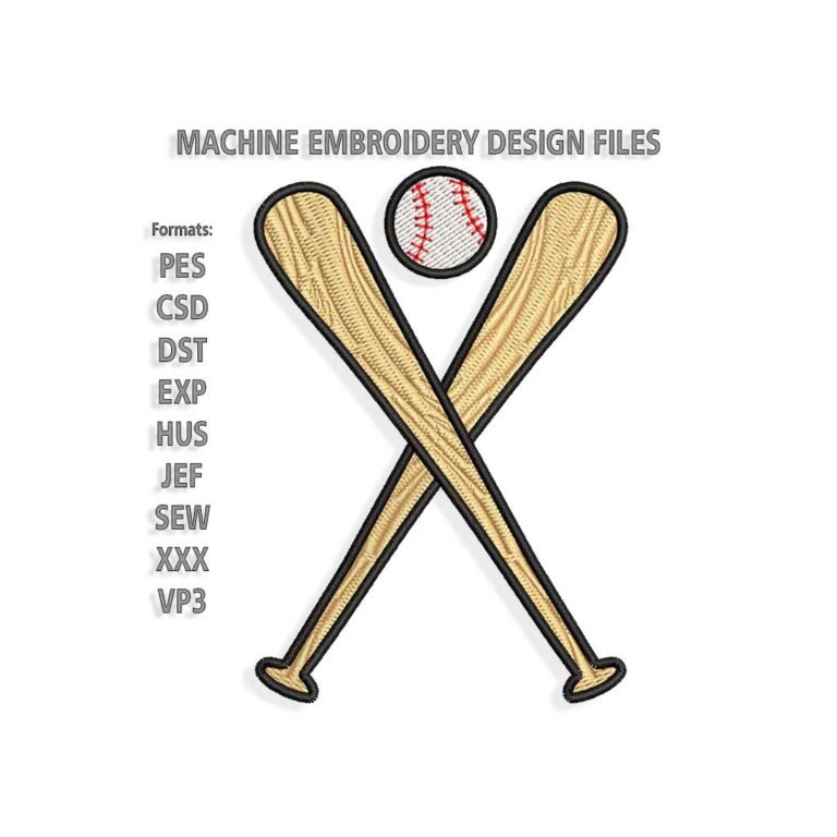 Crossed bats and baseball Embroidery design files