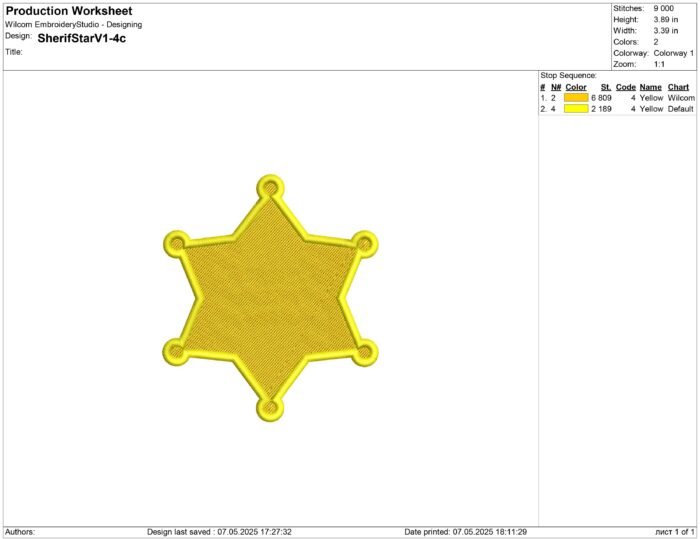 Sheriff star embroidery design files for machine embroidery